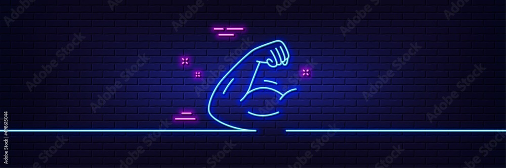 Neon light glow effect. Strong arm line icon. Strength muscle sign. Gym ...