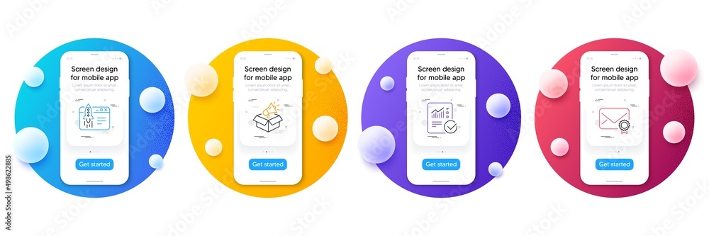 Minimal set of Start business, Megaphone box and Checked calculation line icons for web ...