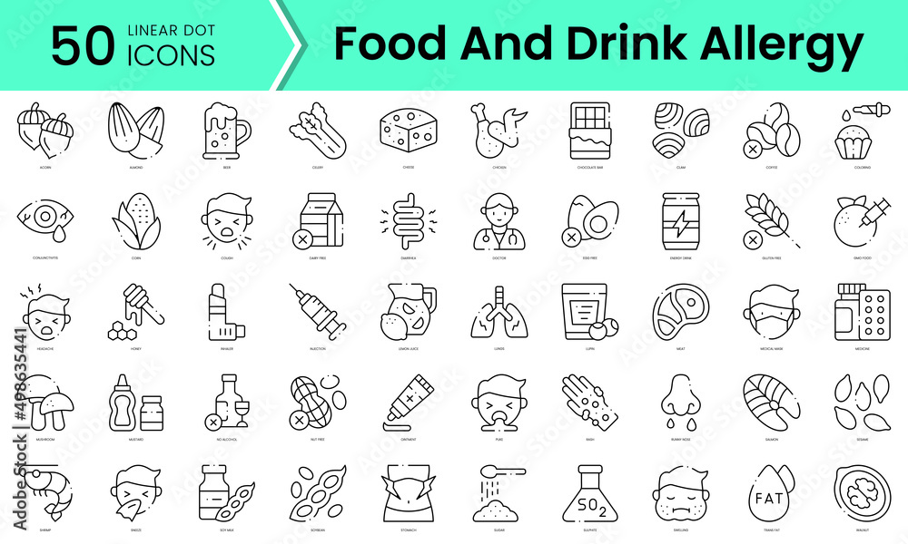 Set of food and drink allergy icons. Line art style icons bundle ...