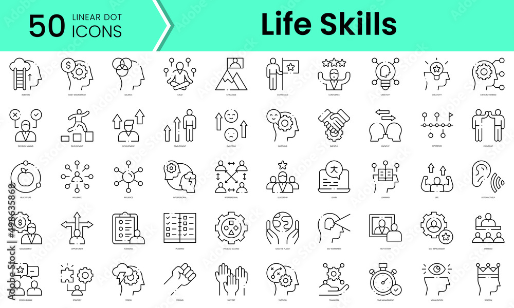 Set of life skills icons. Line art style icons bundle. vector ...