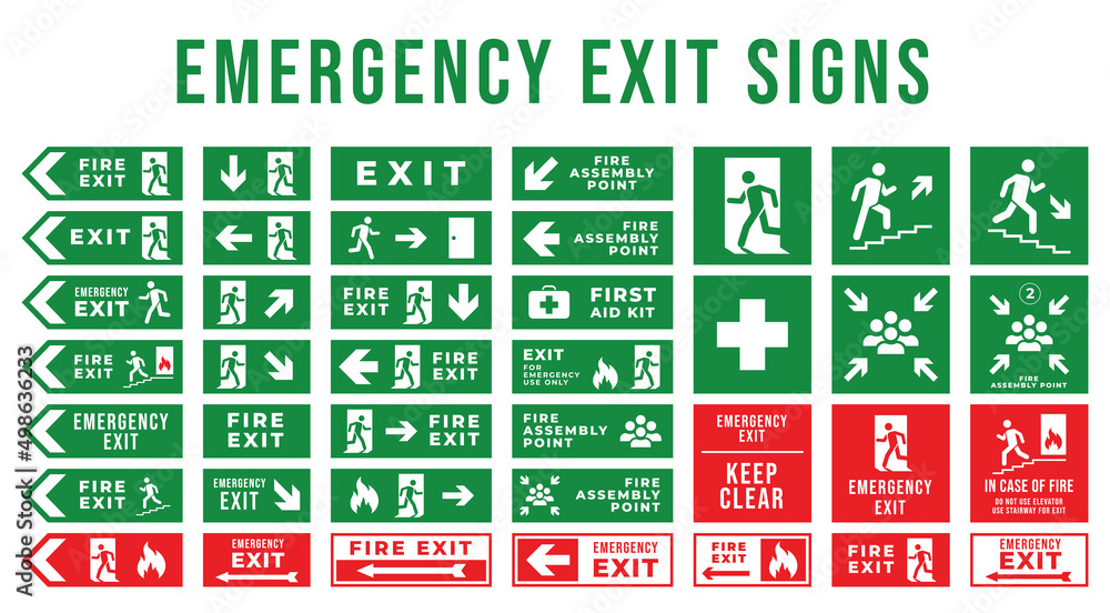 Set of emergency exit signs. Evacuation and relocation of people to ...