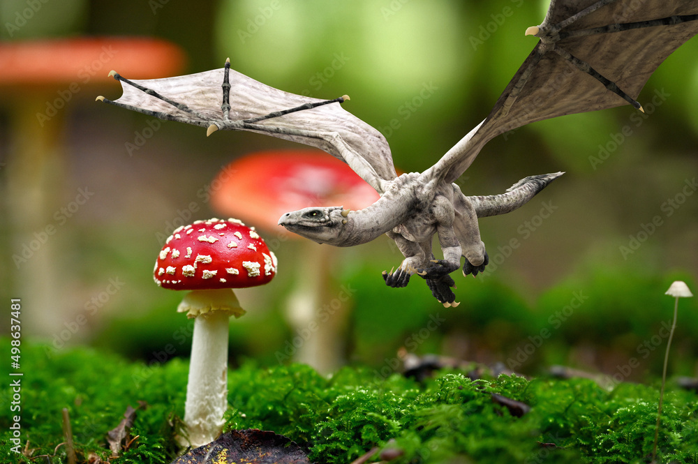 A curious fantasy tiny dragon swoops in for a closer look. Depth of ...