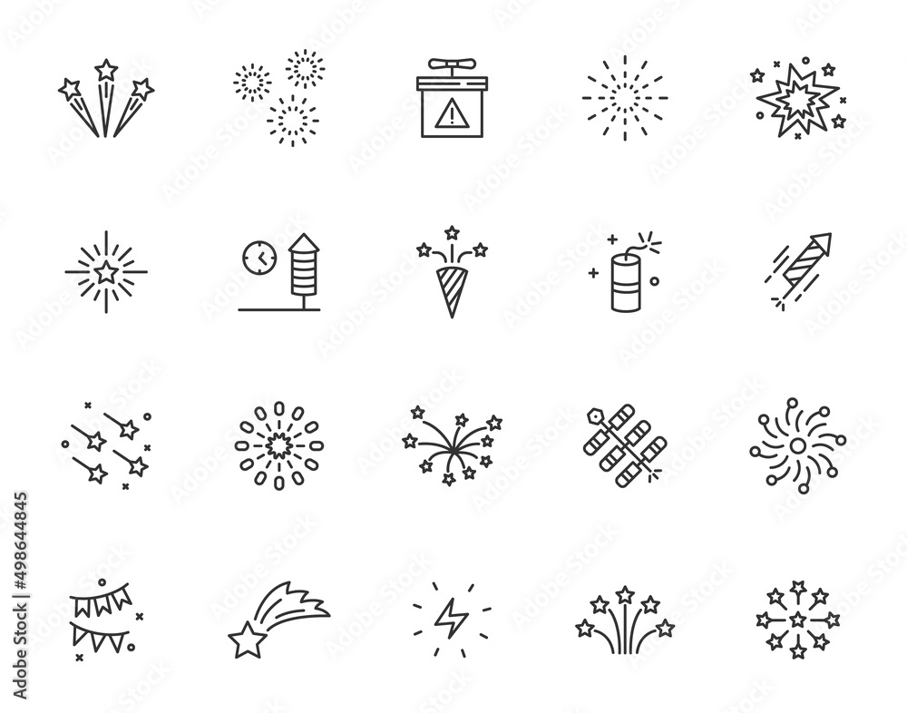 Firework celebrate line icon set. Firecracker vector boom spark effect ...