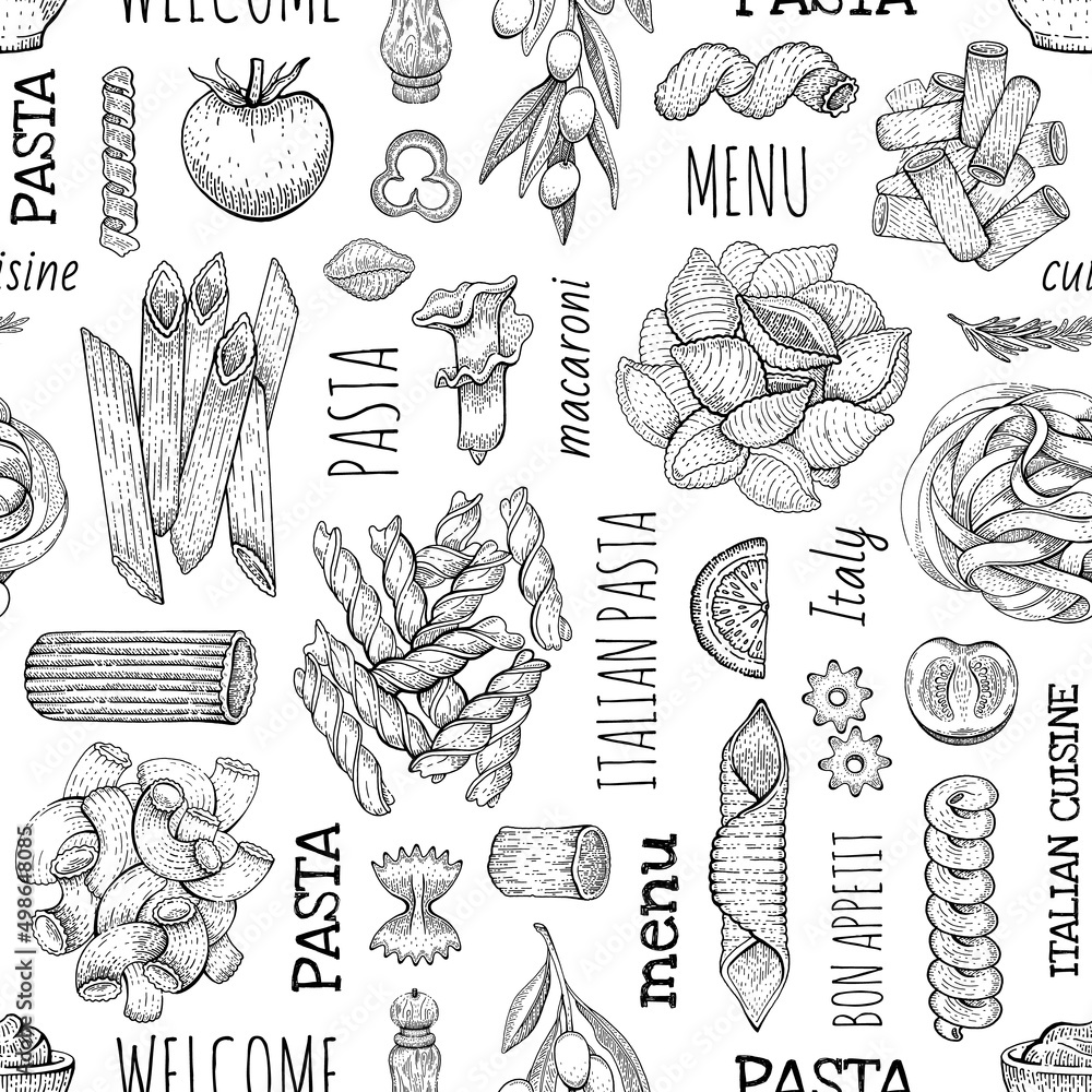 Pasta Pattern. Italian vector food seamless background. Macaroni sketch ...