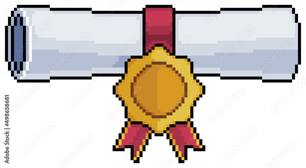 Pixel art University Degree diploma certificate vector icon for 8bit ...