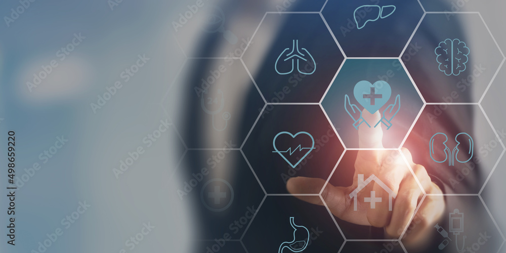 Internal organ protection. Critical illness insurance. Hand touching on ...