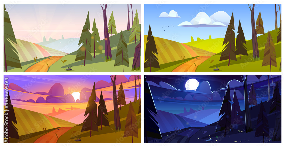 Cartoon nature landscape at morning, evening, night and day time. Rural ...