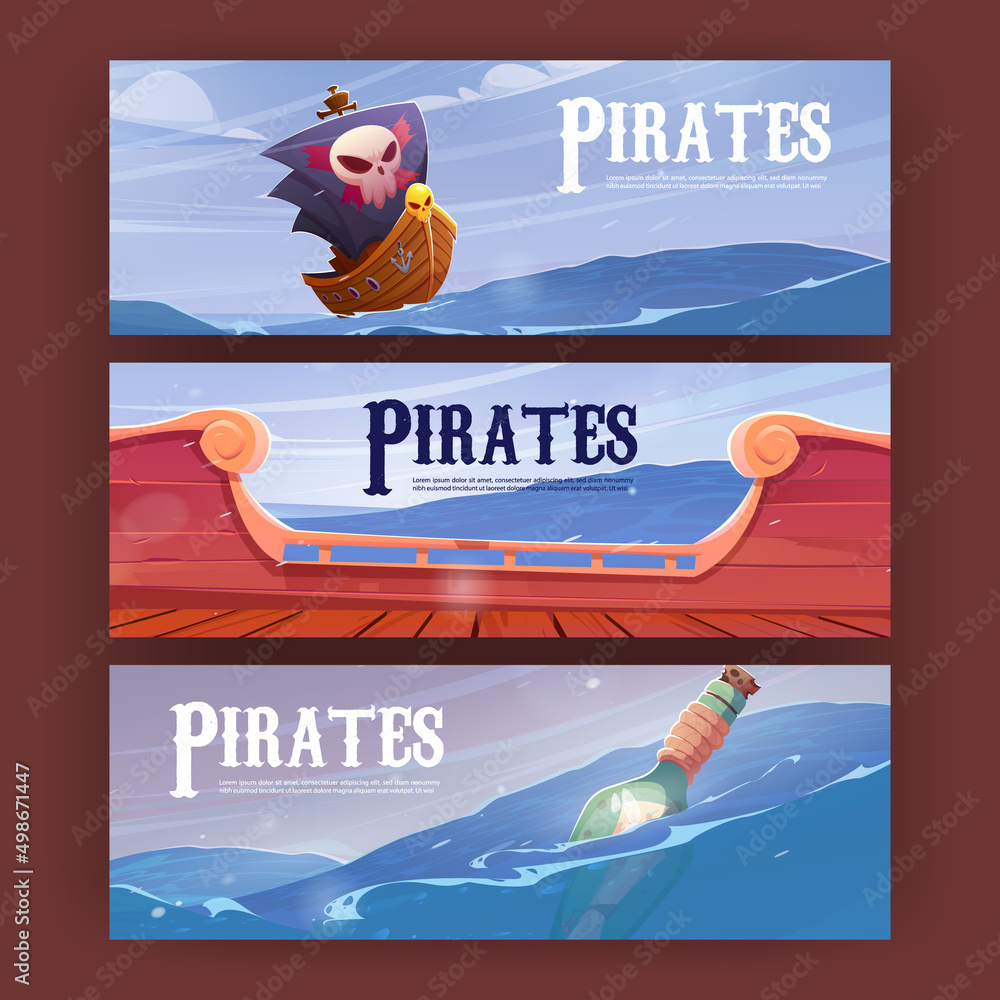 Pirates cartoon banners, ship with black sails and jolly roger ...