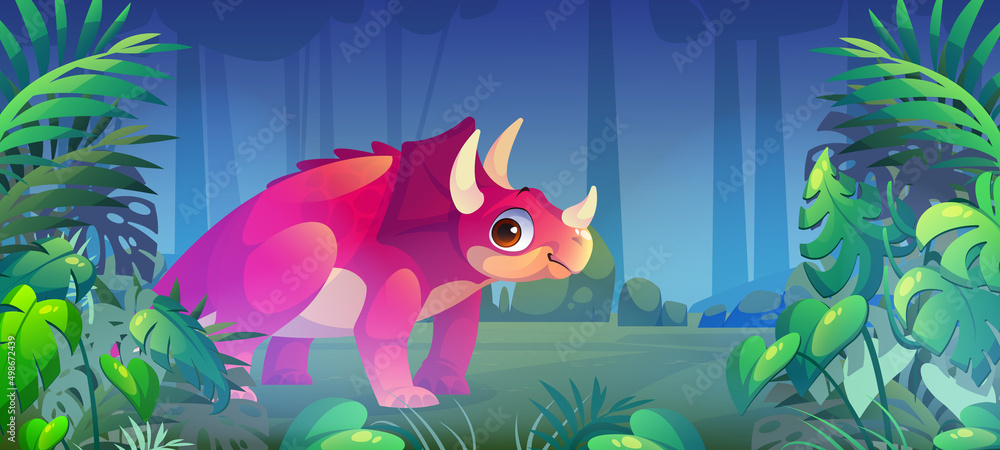 Triceratops dinosaur in jungle, prehistoric wild animal on tropical ...