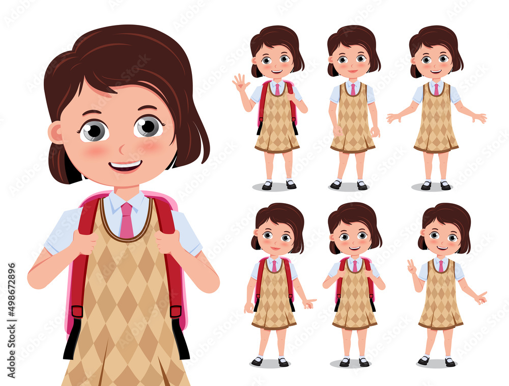 School student girl vector set. Female students 3d characters in cute ...