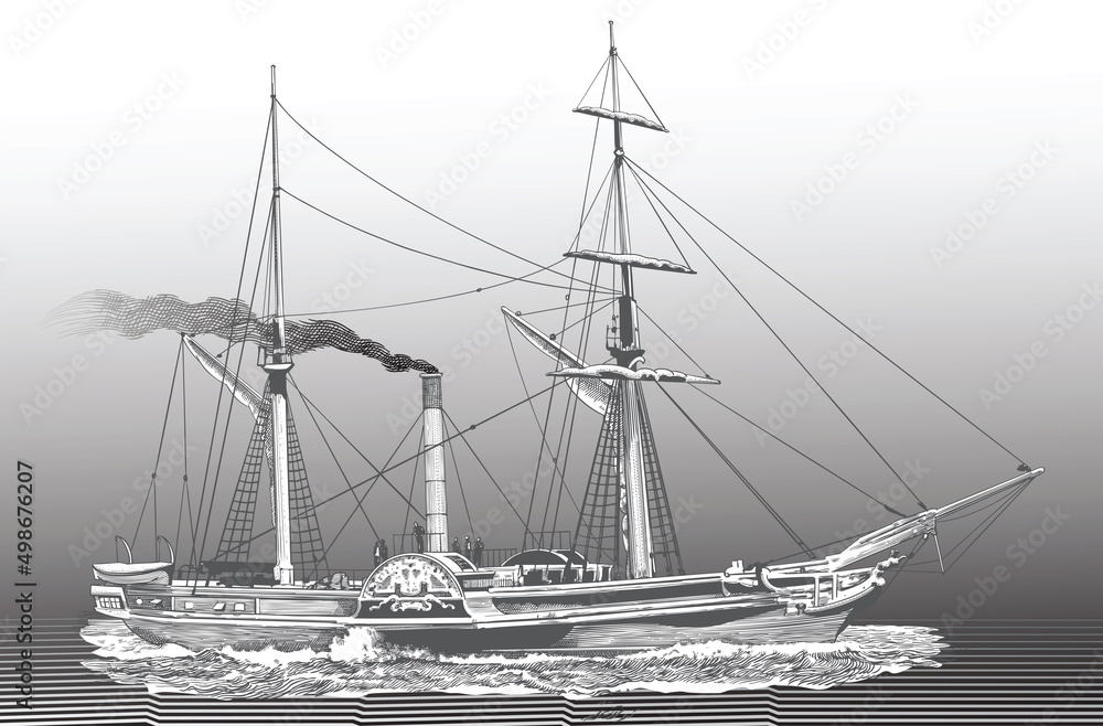 vector image of an old sailing sea steamer in retro graphic style from ...