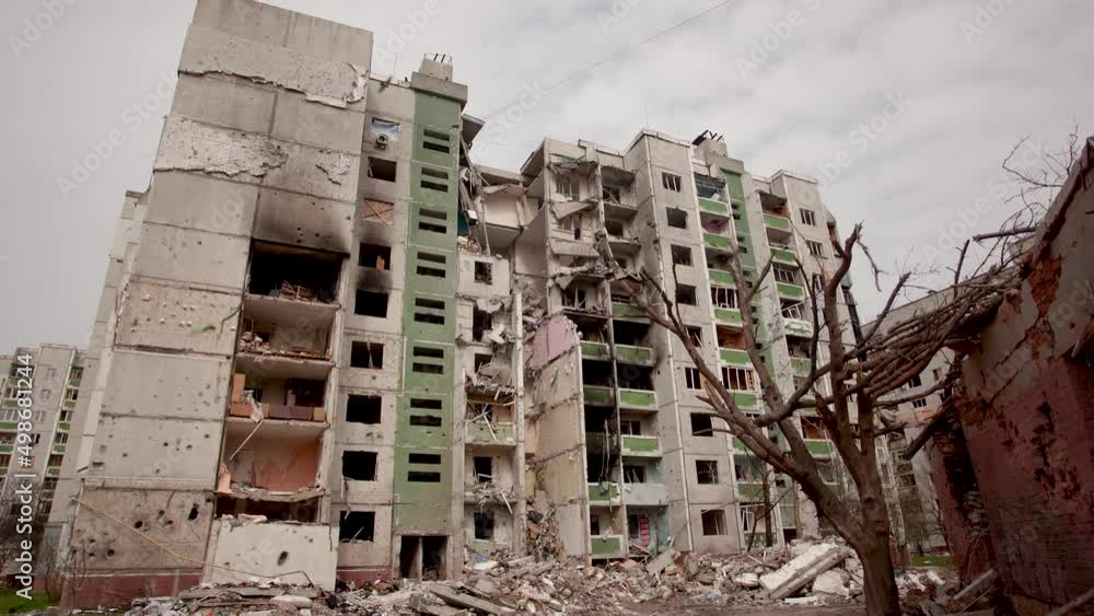 4k video of damaged ruined multi-storey house in ukrainian city ...