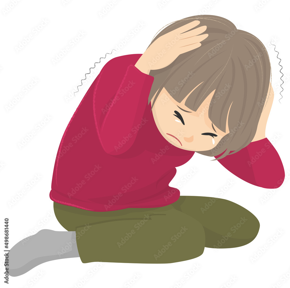 Vector illustration of a girl crouching while holding her head Stock ...