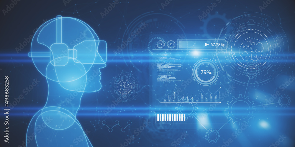 Abstract blue guy or robot outline with VR glasses on blurry bokeh ...