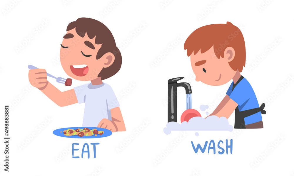 Kids engaged in different activities set. Eat and wash action verbs for ...