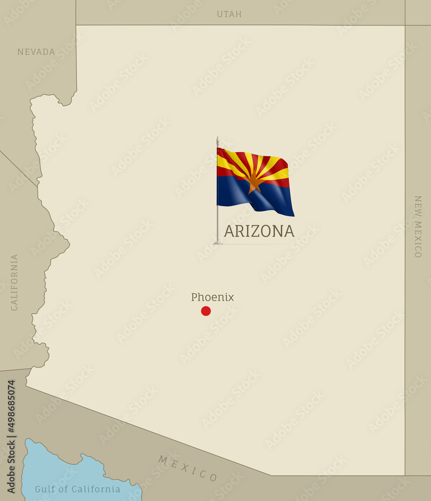Arizona USA State highly detailed map with waving flag. Editable map of ...