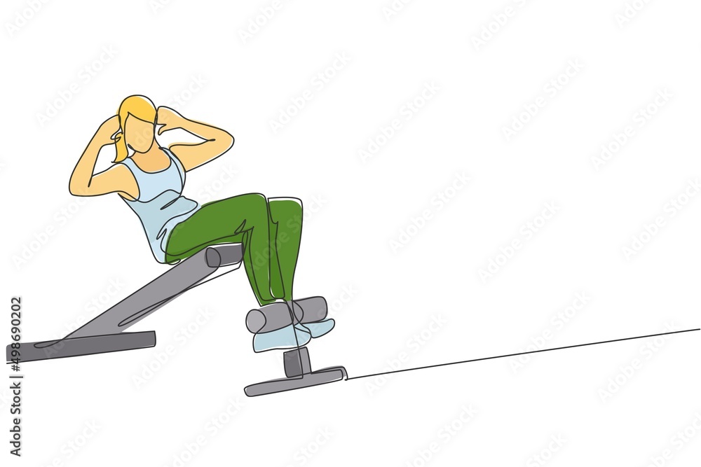 One single line drawing young energetic woman exercise sit up using ...