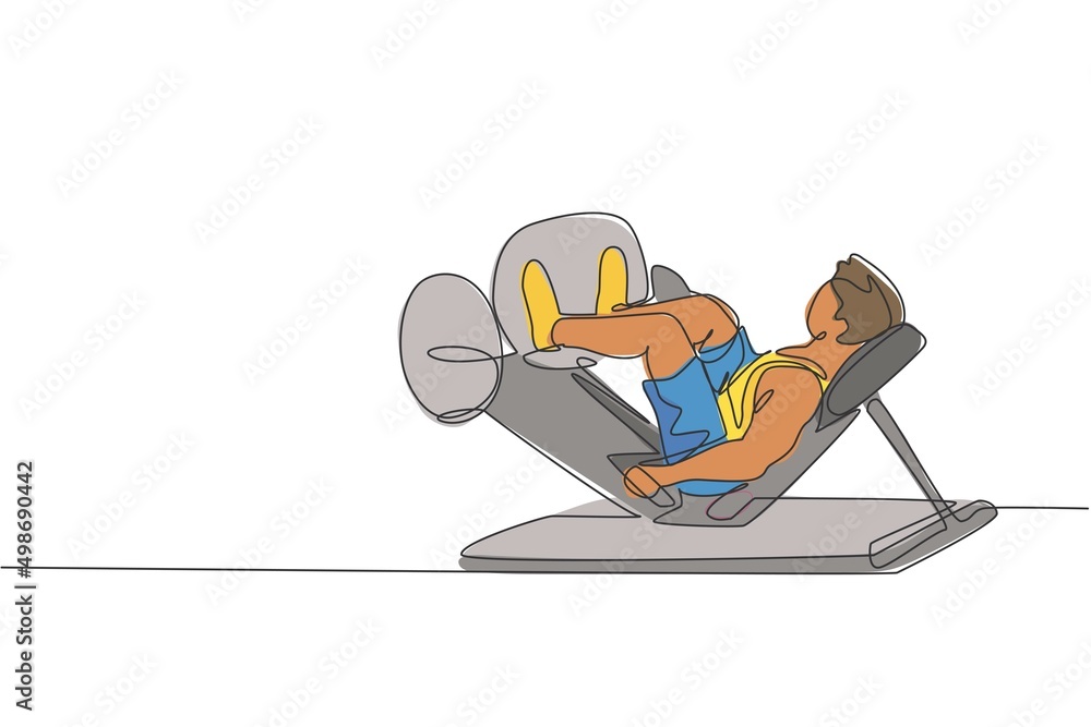 Single continuous line drawing of young sportive man training with leg ...