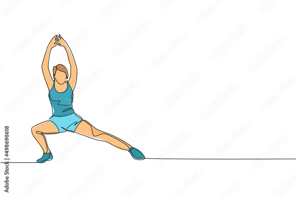One continuous line drawing of young sporty woman working out ...