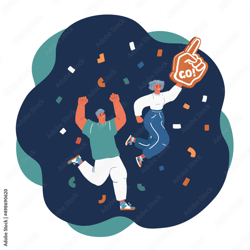 Cartoon vector illustration of people crazy fan jumping high up ...