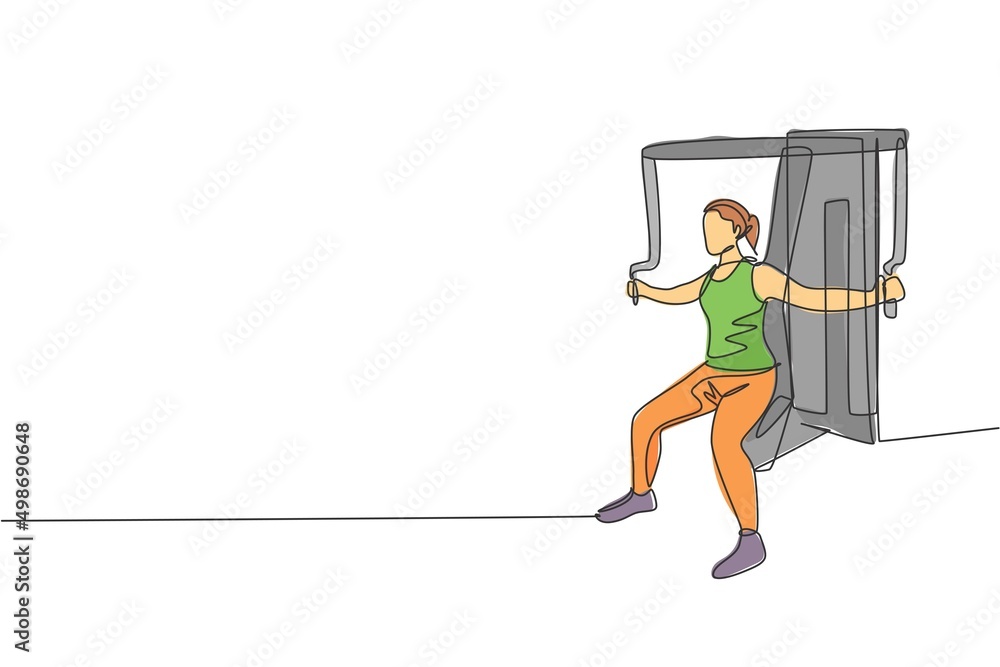 One single line drawing of young energetic woman exercise with hammer ...