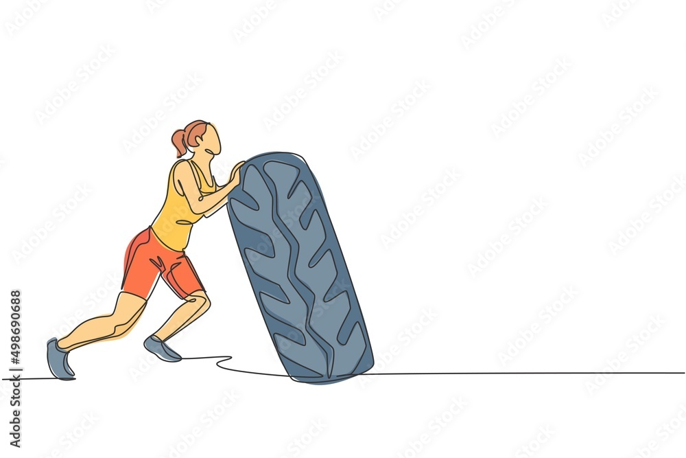 One single line drawing of young energetic woman exercise lift and push ...