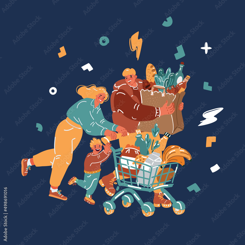 Cartoon vector illustration of Happy family with child and shopping ...