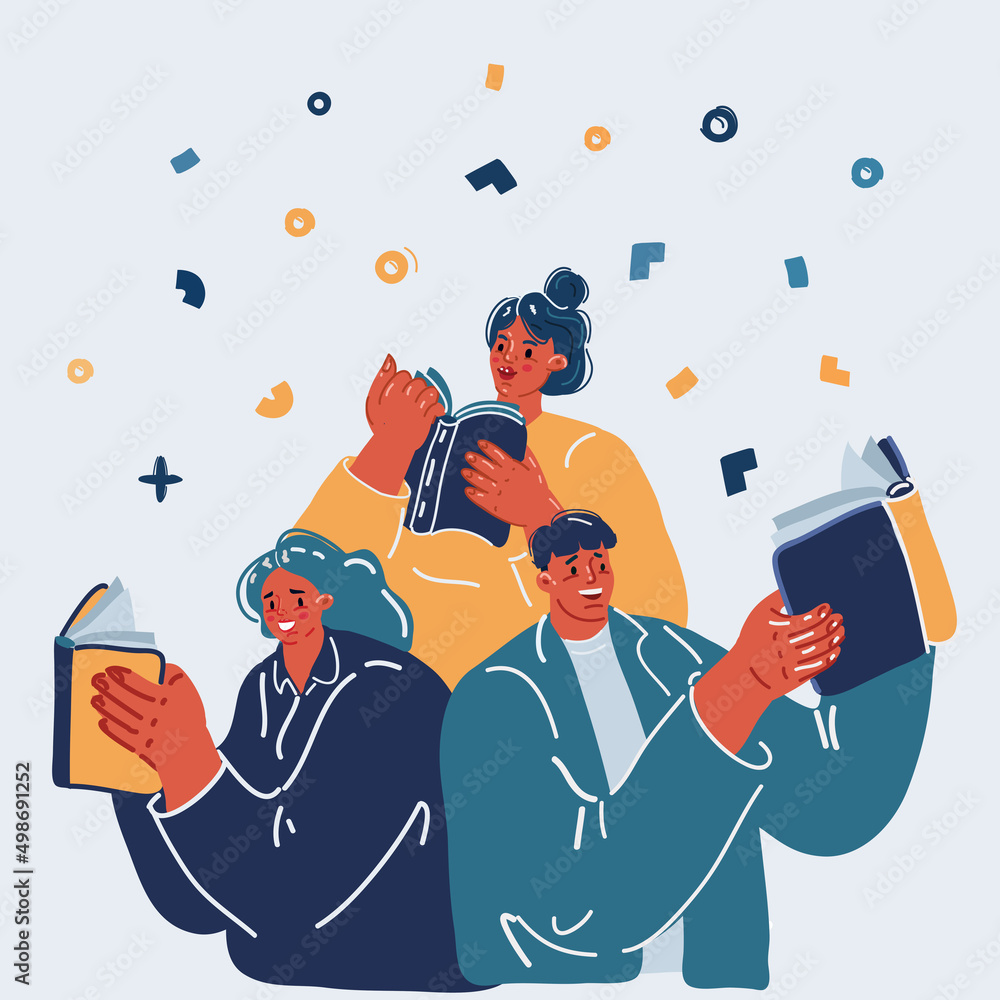 Vector illustration of Happy people read books together at home Stock ...