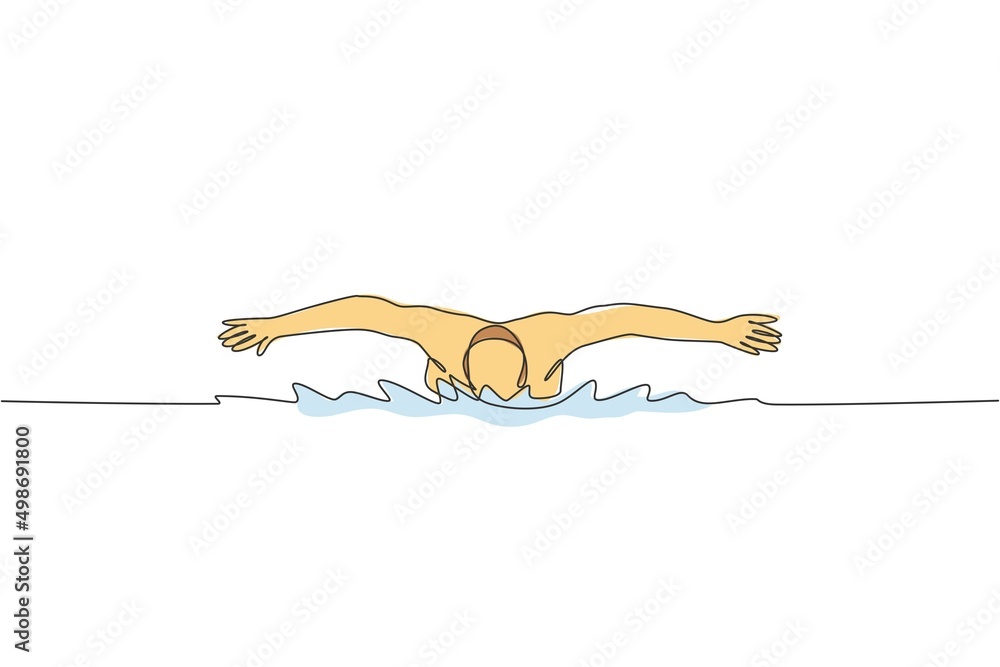 One continuous line drawing of young muscular professional swimmer man ...