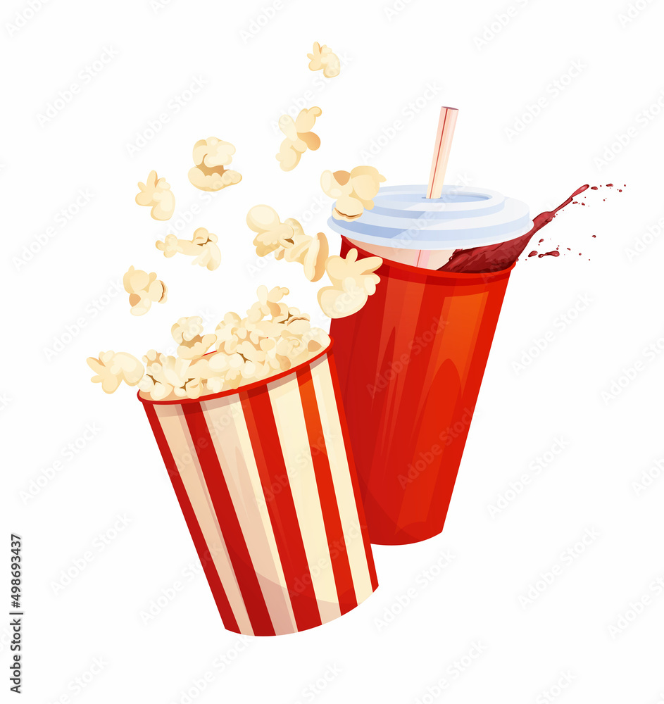 Red paper cup for soda, juice or soft drinks. Flying popcorn in striped ...