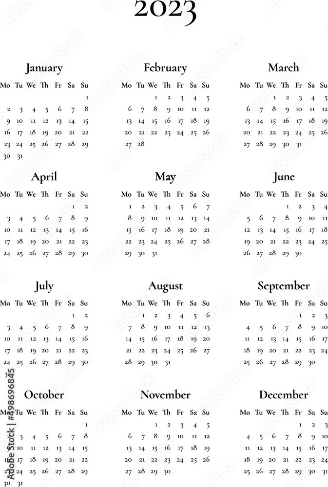 2023 yearly calendar, 12 months large wall vertical calendar Monday ...