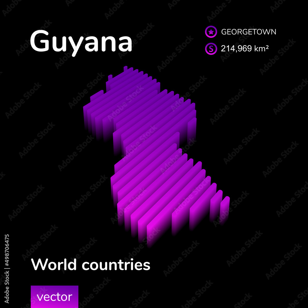 Guyana 3D map. Striped isometric neon vector in violet colors ...