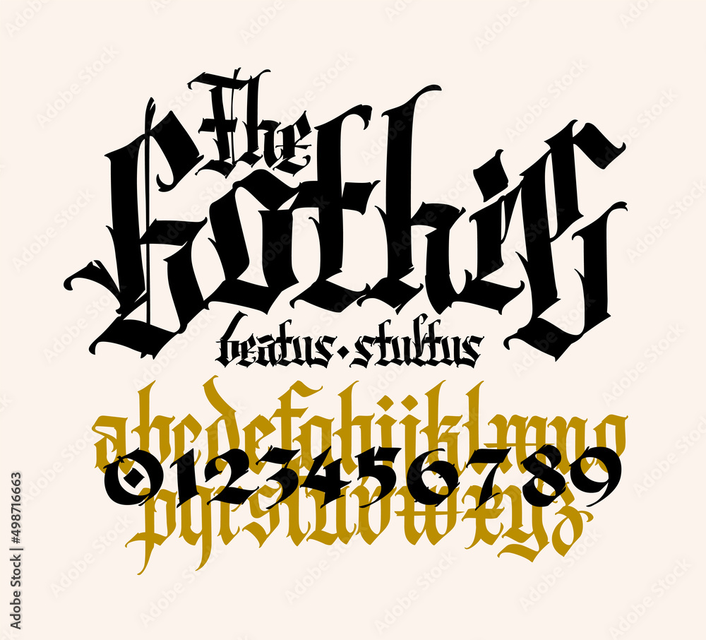 Gothic, English alphabet. Medieval Latin letters and numbers. Signs and ...