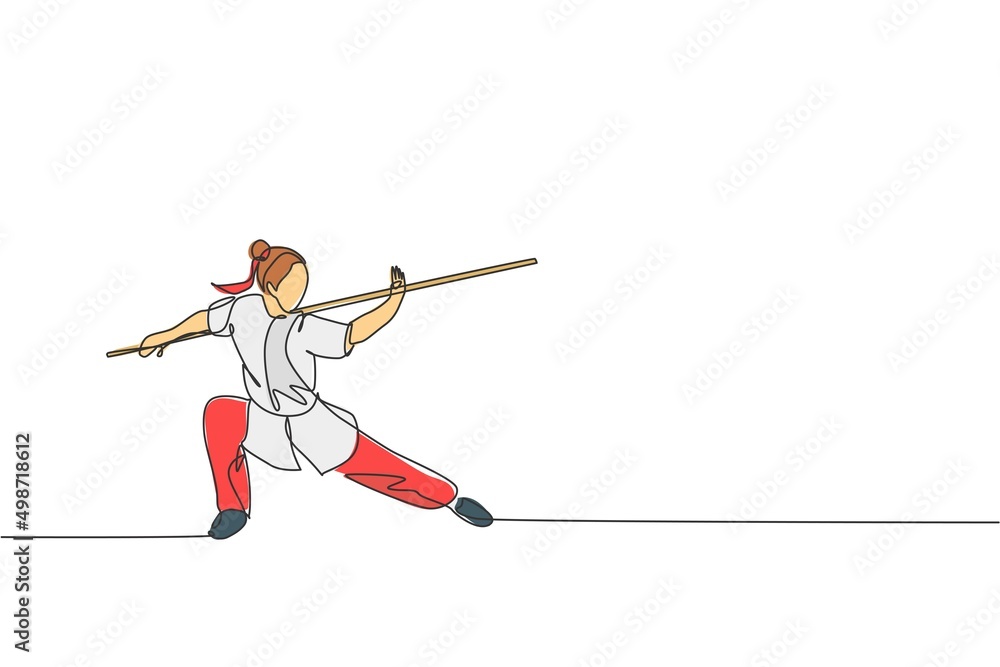 Single continuous line drawing of young woman wushu fighter, kung fu ...