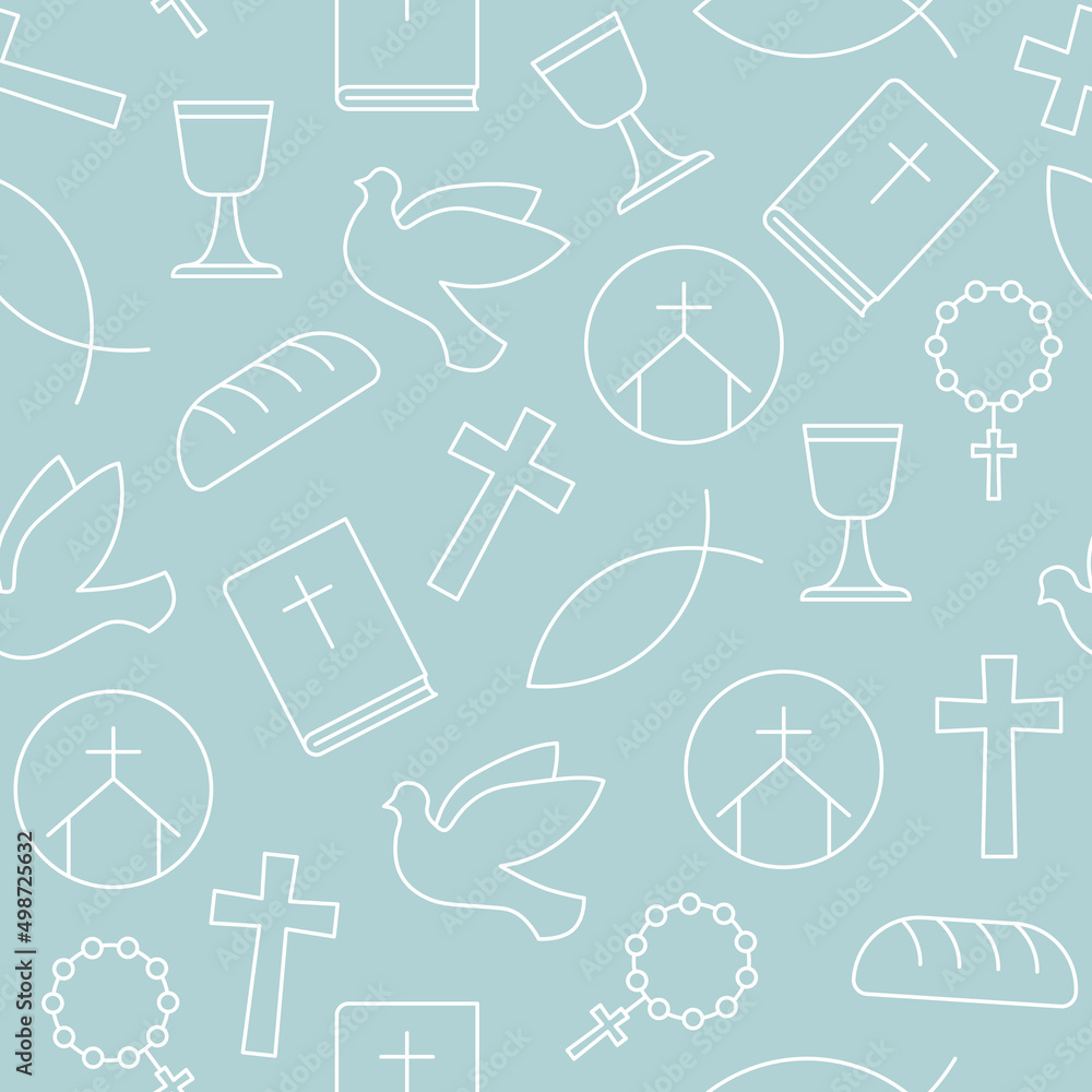 seamless pattern with catholic religion icons: bible, cross, dove ...