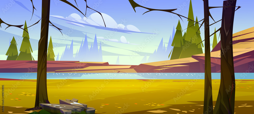Autumn landscape with river with rocky shore, bare trees and orange ...