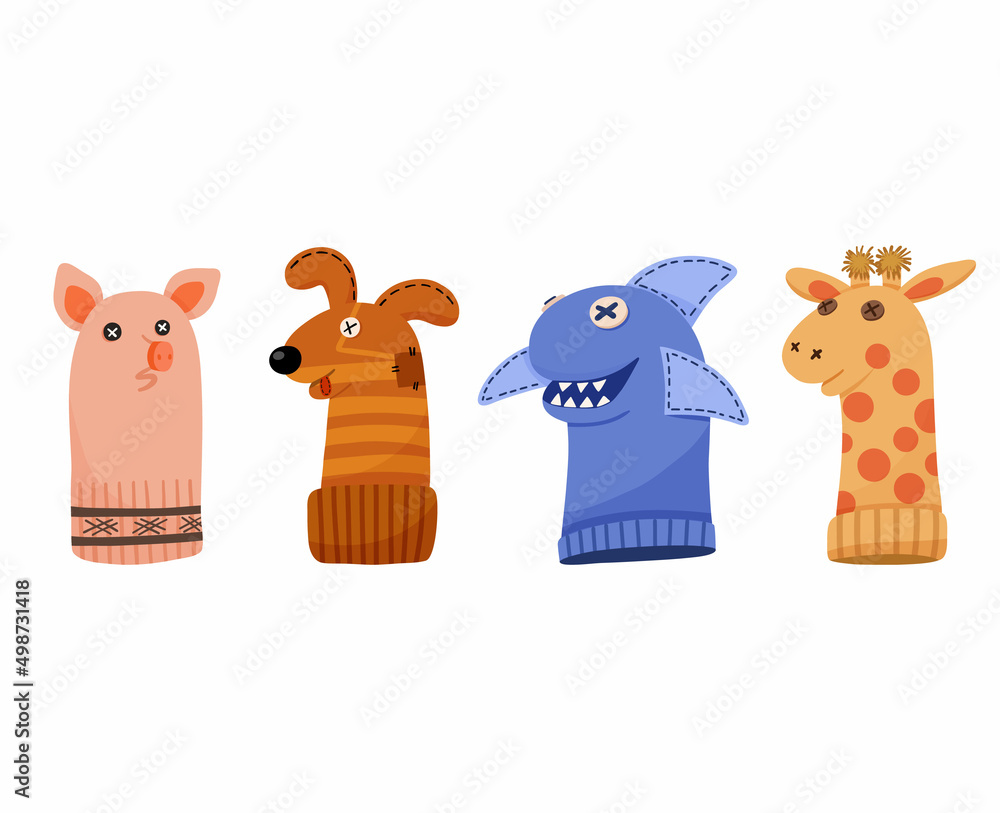 Socks puppets. Dolls for children theatre. Educational game with animal ...