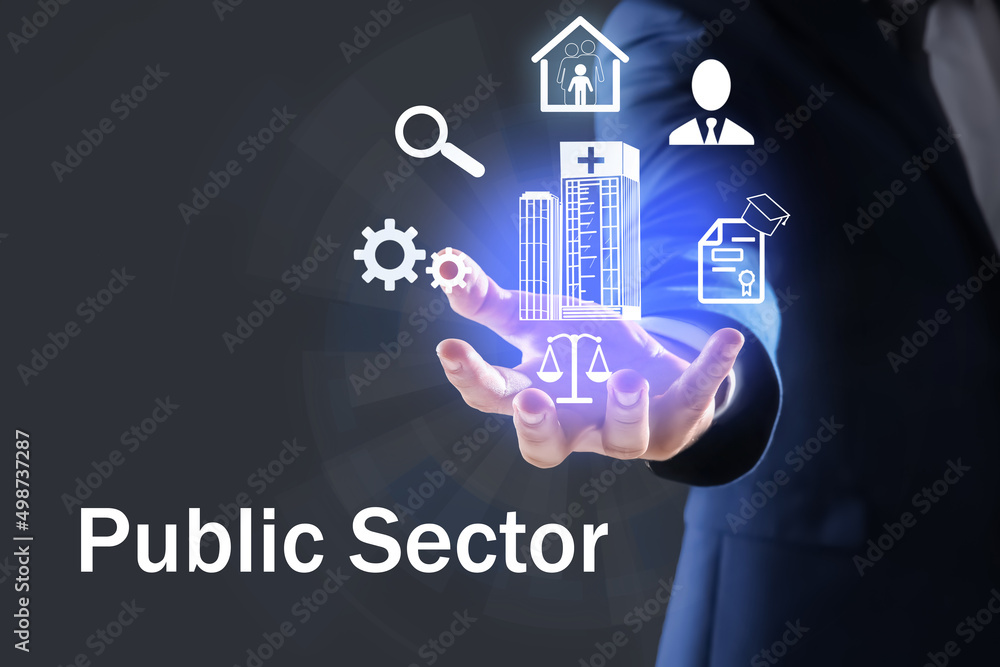 Public Sector concept. Man presenting different virtual icons on grey ...