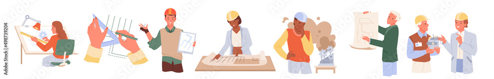 Engineers work with construction projects and equipment set vector ...