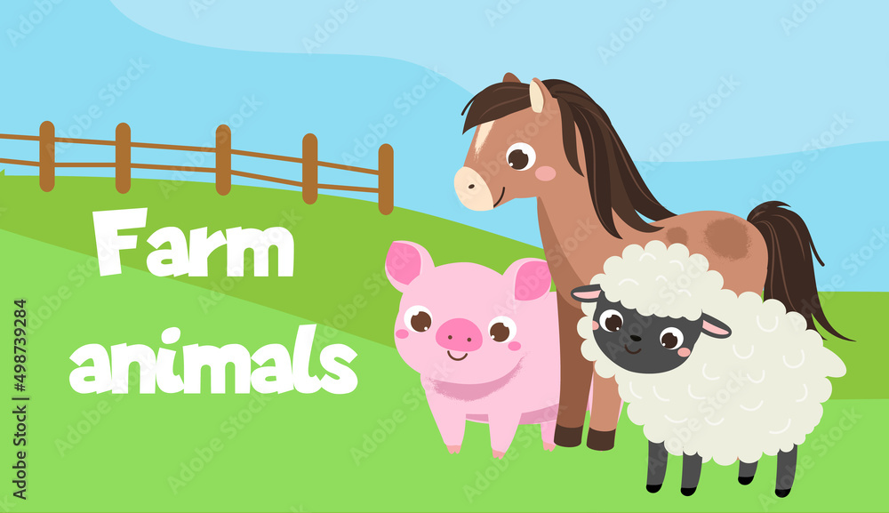 farm animals banner. Horse, sheep, pig. cartoon animals characters ...