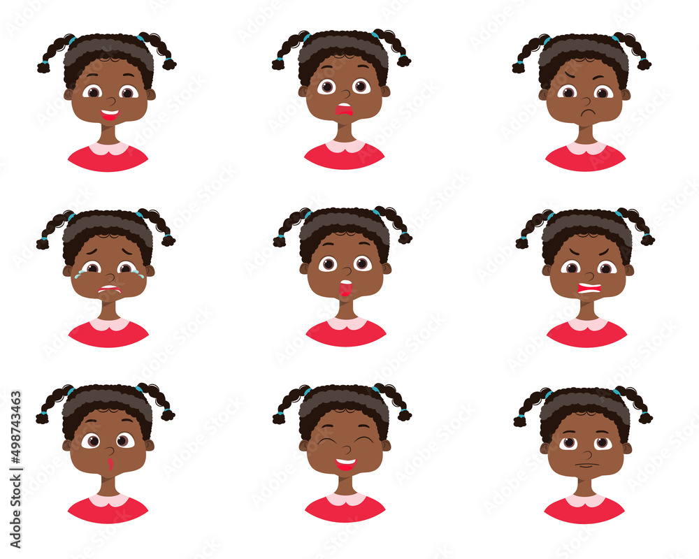 Isolated vector.A set of emotions on the african american girl's face ...