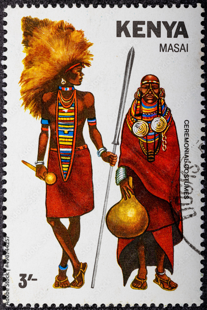 Kenya - Circa 1981: Ceremonial costumes of Masai tribe on kenyan stamp ...