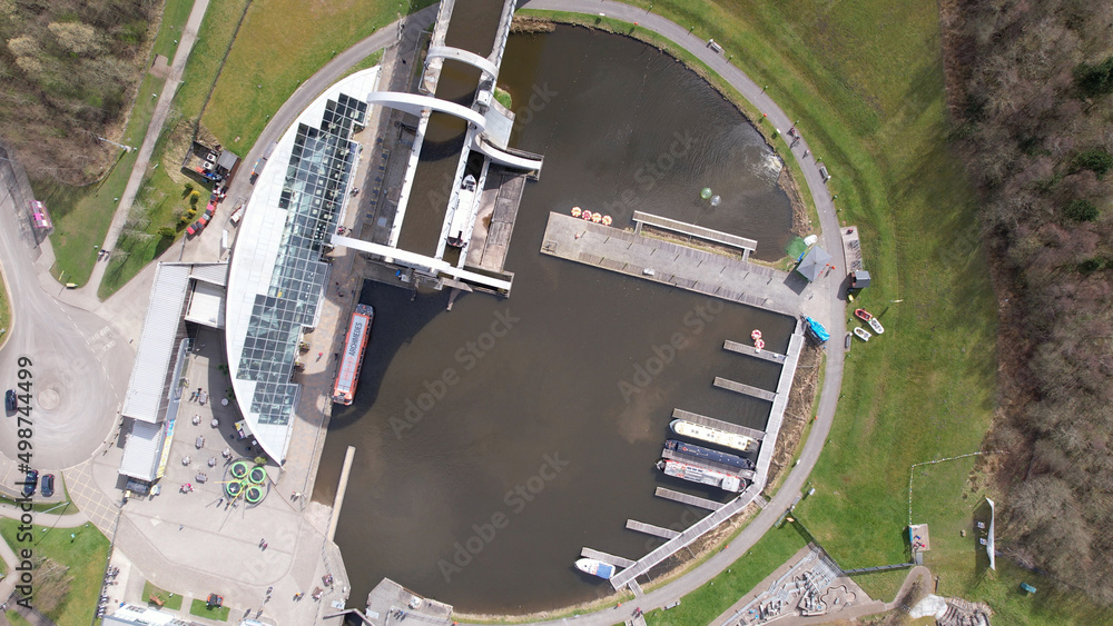 Low level aerial image of the Falkirk Wheel. Unique rotating boat-lift ...