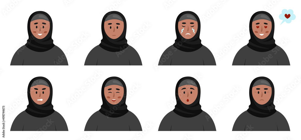 Muslim woman emotions set. Different face avatars. People facial ...