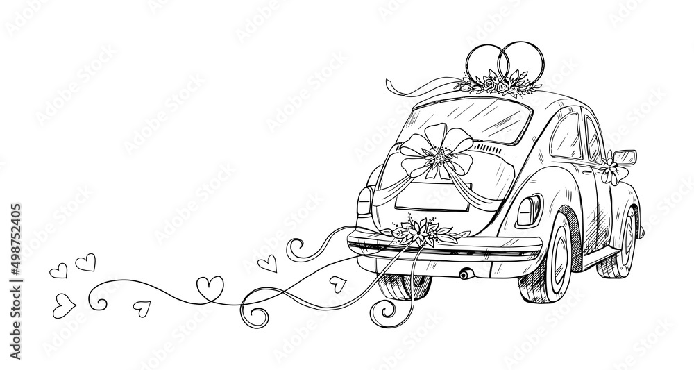 Wedding car with ribbons and flowers in sketch style. Wedding ...