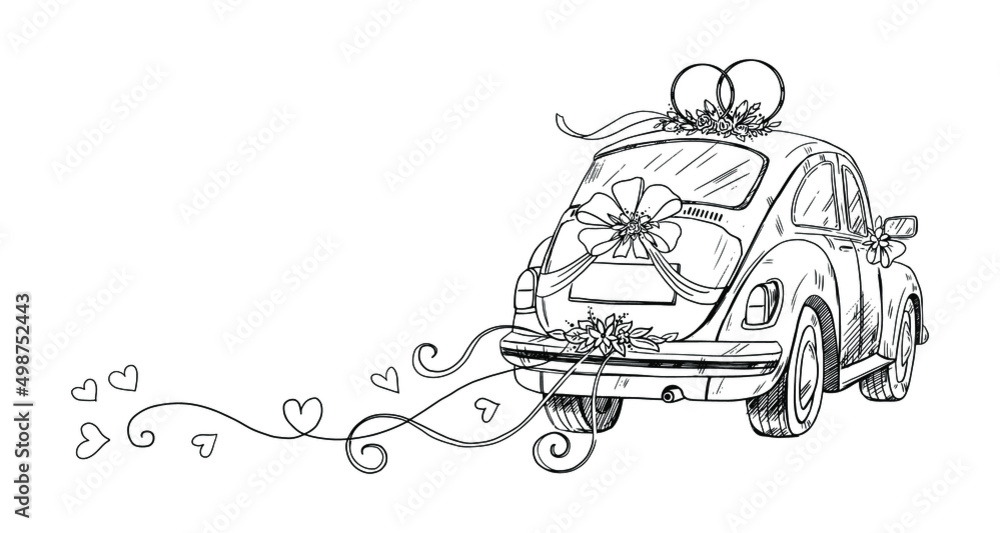 Wedding car with ribbons and flowers in sketch style. Wedding ...