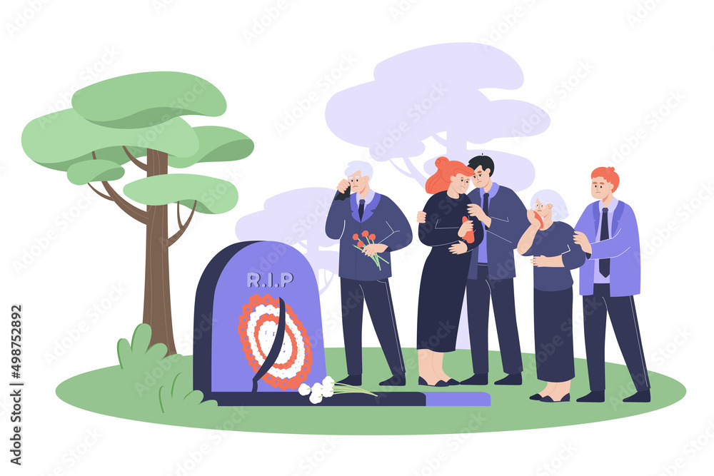 Sad family in mourning clothes crying near tombstone. Cartoon people ...