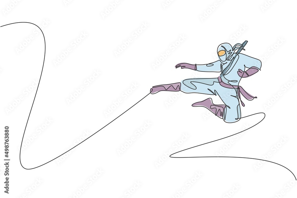 Single continuous line drawing of young Japanese culture ninja warrior ...