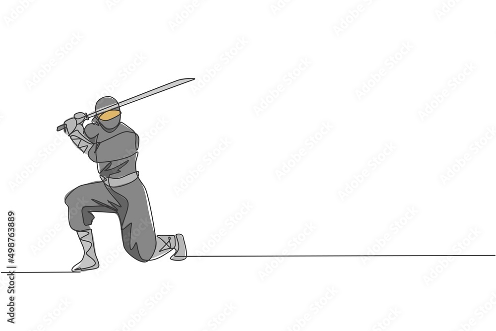 One continuous line drawing of young brave Japanese ninja character on ...