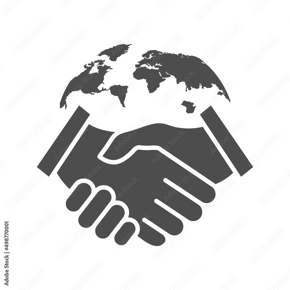 Handshake and Earth icon. World partnership symbol. International ...